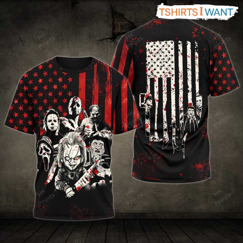 Iconic Horror Movie Villains American Flag 3D T-Shirt, Chilling ...
